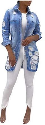 Generic Vestes pour femmes en denim avec veste fine d&eacute;contract&eacute;e en jean avec trous longs montrant un manteau tendance 2026, bleu clair, 3XL