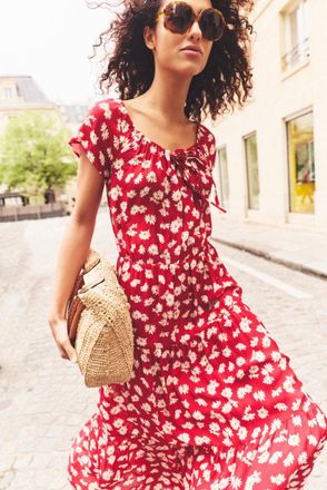 Gerard Darel Robe longue pliss&eacute;e &agrave; fleurs - RIFKA - Rouge baiser