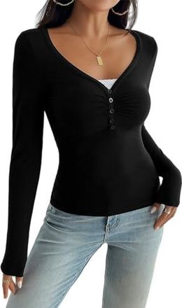 Generic Chemise &agrave; manches longues Henley pour femme, haut basique &agrave; boutons, coupe ajust&eacute;e, hiver, printemps, mignon, d&eacute;contract&eacute;, basique, Noir, XL