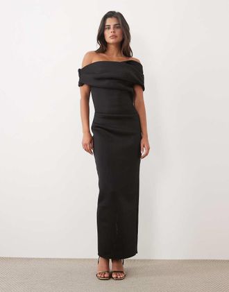 Asos robe longue bardot avec fente en tissu scuba noir