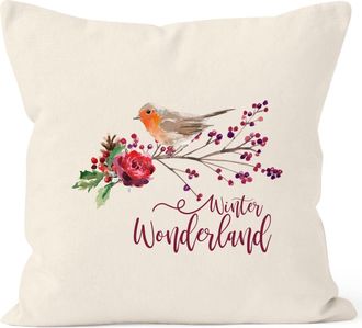 Autiga Kissenbezug Weihnachten Winterwonderland Vogel Rotkehlchen Blumen Misteln Christmas Bird Natur 40cm x 40cm