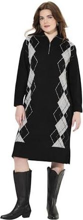 Ulla Popken Femme Grandes Tailles Robe en Maille, col Camionneur et Manches Longues. Motif Argyle. Noir 50+ 830010100-50+