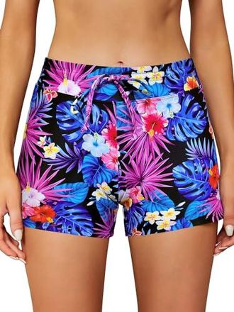 SHEKINI Short de bain taille mi-haute pour femme avec cordon de serrage &agrave; la taille, Feuilles color&eacute;es., L