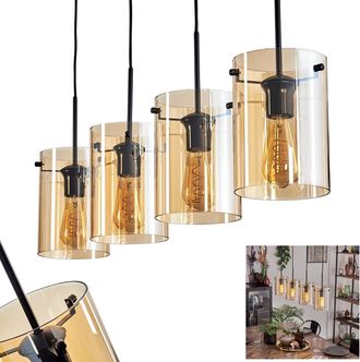 HOFSTEIN Pendelleuchte Parane, Pendellampe aus Metall/Glas in Schwarz/Bernsteinfarben, Leuchte im modernen Retro/Vintage-Design mit Schirmen aus Glas (&Oslash; 15 cm)