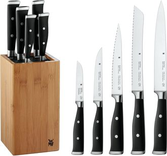 WMF Grand Class Messerblock mit Messerset 6teilig, Made in Germany, 5 Messer geschmiedet, Bambus-Block, Kunststoff-Borsteneinsatz Performance Cut