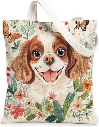 Generic Spring Cavalier King Charles Spaniel Sac fourre-tout en toile pour le shopping 33 x 38 cm, sac d&eacute;picerie r&eacute;utilisable pour femme, peinture de chien, d