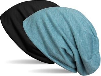 styleBREAKER Bonnet R&eacute;versible Unisexe - Long, Souple, L&eacute;ger et Doux en Couleurs Unies - Noir/Bleu Mouchet&eacute;