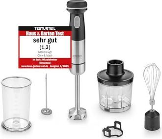 Caso Click & Mash - kabelloses 4 in 1 Stabmixer Set, akkubetrieben, verwendbar als P&uuml;rierer, Zerkleinerer, Schneebesen, Milchaufsch&auml;umer, zum emuligieren, 