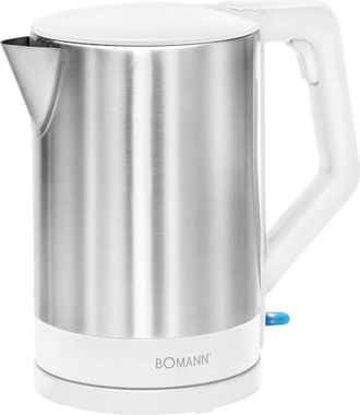 Bomann Wasserkocher Edelstahl | 1,5 Liter | BPA frei | Einhandbedienung | Edelstahlgehäuse | Kettle | Station mit Kabelaufwicklung | Wasserkocher weiß | WKS 
