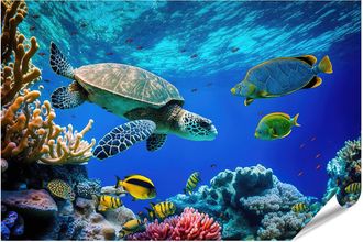 Islandburner XXL Bild Poster Korallenriff Wilde Meeresschildkr&ouml;te Fische tropisches Ozeanleben exotisches Tier unter Wasser Premium Bilder Fotodruck