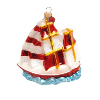 Krebs Glas Lauscha Weihnachtsdekoration/Christbaumschmuck aus Glas - Segelschiff - Farbe: Rot/Wei&szlig; - Gr&ouml;&szlig;e: ca. 12 cm