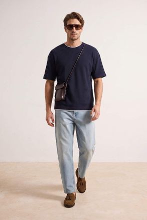 Trendyol MAN Herren Dunkelblau Einfarbig Kurz Oversize T-Shirts