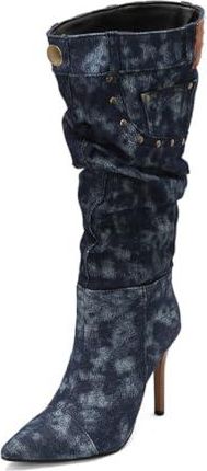 Generic Bottes Hautes Talon Aiguille Femme Bout Pointu Effet Denim Décor Clous Style Décontracté Multicolore Beige Noir Gris Rétro Soirée Fête Tenue Casual Bu