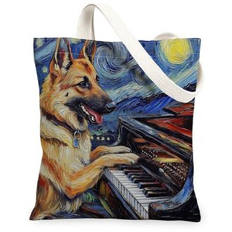 Generic Sac fourre-tout en toile pour le shopping Motif chien berger allemand 33 x 38,1 cm, motif piano nocturne &eacute;toil&eacute;, sac d&eacute;picerie r&eacute;utilisable pour femme