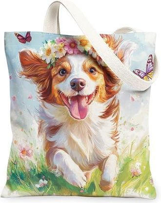 Generic Sac fourre-tout en toile motif chien Bretagne printanier 33 x 38,1 cm, motif papillons amusants, sac d&eacute;picerie r&eacute;utilisable pour femme, peinture danim