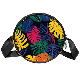 Generic Sac &agrave; bandouli&egrave;re rond pour femme, motif feuilles tropicales, sac &agrave; dos &agrave; bandouli&egrave;re avec fermeture &eacute;clair, bretelles r&eacute;glables, sac &agrave; main rond d&eacute;co