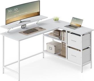 Vasagle L-f&ouml;rmiger Schreibtisch, Eckschreibtisch, 2 ger&auml;umige Schubladen, Computertisch mit Monitorst&auml;nder, mit Verstellbarer Ablage, f&uuml;r Homeoffice, ahornwei