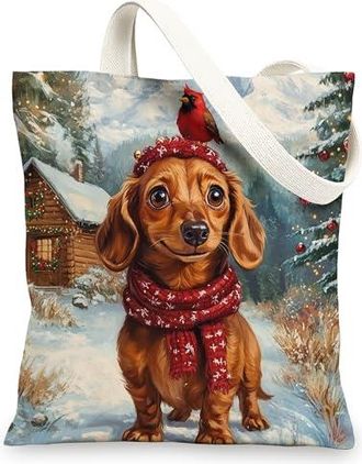 Generic Sac fourre-tout en toile r&eacute;utilisable avec motif teckel de No&euml;l pour faire ses courses, 33 x 38,1 cm, sac d&eacute;picerie r&eacute;utilisable pour homme et femme, 