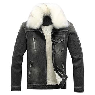 Generic Veste en jean pour homme, col en fausse fourrure, doublure polaire, chaude et d&eacute;contract&eacute;e, noire et blanche, taille S