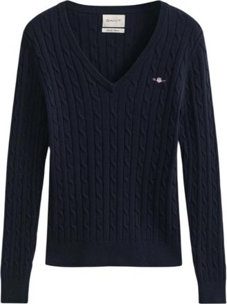 GANT Femme, Pulls, Bleu, Taille: 44 FR Pull &agrave; col en V en maille torsad&eacute;e