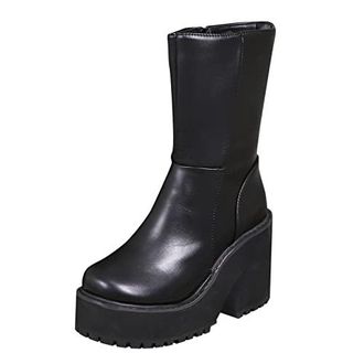 Generic Bottes &agrave; plateforme large pour femme - Semelle &eacute;paisse - &Agrave; enfiler - Bottes d&eacute;quitation tendance mi-mollet - Bottes en cuir &eacute;pais - Fermeture &eacute;clair l