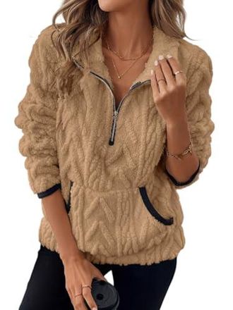 Generic Pull en polaire à quart de fermeture éclair pour femme - Pull en polaire pelucheuse décontracté avec poche, kaki, 3XL