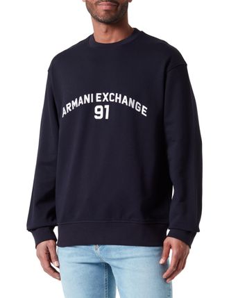 A|X Armani Exchange Mens 91 Logo, Crew Neck, Wrist Cuffs,Sweatshirt,Blue,XL