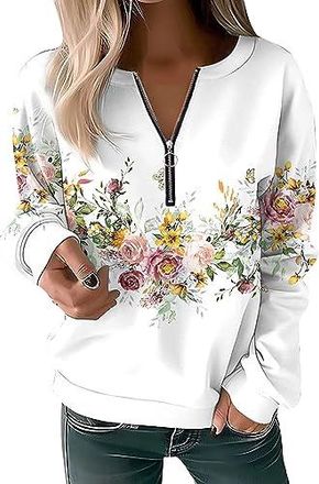 Generic T-shirt &agrave; manches chauve-souris, sport, basique, fermeture &eacute;clair quart de denim, bleu, blanc, jaune, motif floral, rue, col en V, haut &agrave; manches long