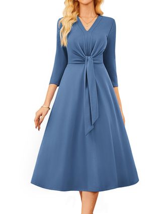 Grace Karin Damen A-Linie B&uuml;rokleid Elegant V-Ausschnitt 3/4 &Auml;rmel Midikleid mit Taschen Graublau 2XL