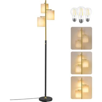 Vasagle Lampadaire sur Pied Salon, avec 3 Ampoules, 3 Douilles E27, Intensit&eacute; R&eacute;glable, Abat-Jour en Tissu, Dor&eacute; et Noir