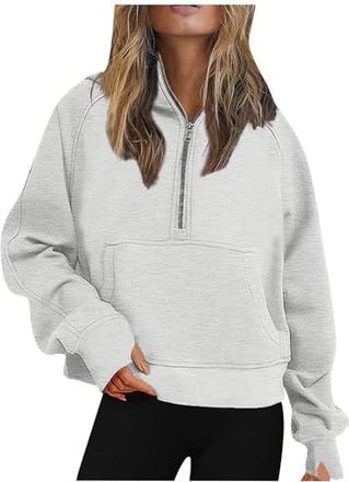 Generic Pull &agrave; capuche court en polaire avec trou pour le pouce et poches pour femme, gris, XL