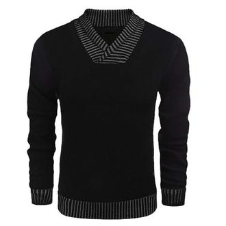 Generic Robe &agrave; col ch&acirc;le et col en V pour homme - Manches longues - Tricot torsad&eacute; textur&eacute;, Noir, XXL