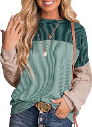 OLIPHEE Sweatshirt Sans Capuche Femme - Pull Col Rond Côtelé avec Patchwork - T-Shirt Manches Longues Casual Automne Hiver