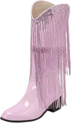 Generic Bottes hautes au genou pour femme avec franges de mollet larges et longues bottines &eacute;l&eacute;gantes &agrave; bout pointu de couleur unie &agrave; talon &eacute;pais &eacute;l&eacute;gantes et