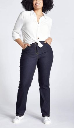 Ulla Popken Damen gro&szlig;e Gr&ouml;&szlig;en &Uuml;bergr&ouml;&szlig;en Plus Size Jeans Mandy, gerade 5-Pocket-Form, Komfortbund, Stretch darkblue 52 724598 93-52