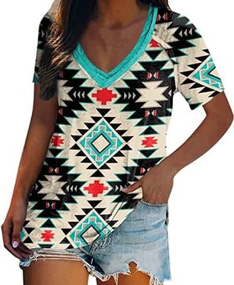 Janly T-shirts surdimensionn&eacute;s pour femmes T-shirt avec col en V Western Aztec Impression ethnique pour les loisirs Style d&eacute;t&eacute; Fille T-shirt dr&ocirc;le T-shirts 