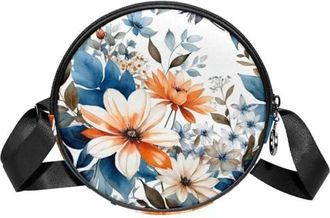 Generic Petit sac &agrave; bandouli&egrave;re circulaire pour femme, motif feuilles florales, sac &agrave; dos avec fermeture &eacute;clair, bretelles r&eacute;glables, sac &agrave; main rond d&eacute;contra
