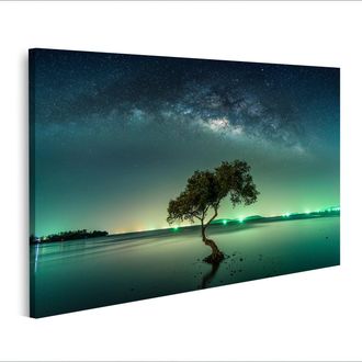 Islandburner Bild auf Leinwand Landschaft mit Milchstra&szlig;e Galaxie Nachthimmel mit Sternen Bilder Drucke f&uuml;r Wohnzimmer B&uuml;ro