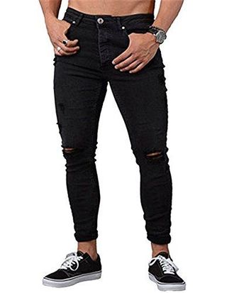 ShiFan Homme Skinny Push Up Jeans Trou&eacute; Genoux Slim Fit Serr&eacute; Denim Pantalon Noir S