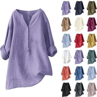 Generic Blouses tuniques en lin pour femme - Manches longues - Chemisier d&eacute;contract&eacute; - Grandes tailles - &Eacute;l&eacute;gant - Col en V - Tunique - Chemise de loisirs - C
