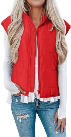 Generico Gilet rembourré court pour femme avec fermeture éclair Gilet en duvet élégant et léger avec poches et col haut Veste matelassée Manteau dhiver chaud s