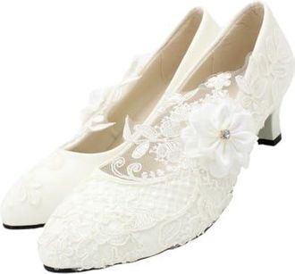 Garneck Ciieeo Chaussures de Mariage pour Femme en Dentelle Blanche Escarpins &agrave; Talon Carr&eacute; 5 CM Chaussures Romantiques &agrave; Talons Moyens &Eacute;l&eacute;gantes et Confortab