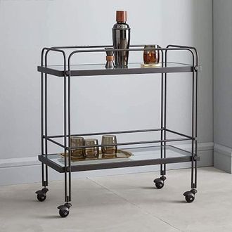 Generic Küchenwagen, moderner industrieller Servierwagen mit 2 Ebenen, gehärtetem Glas und verspiegelter Unterseite, feststellbare Räder, Schwarz, 80 x 40 x 7