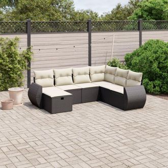 vidaXL 7-tlg. Garten-Sofagarnitur mit Kissen Schwarz Poly Rattan - Vidaxl