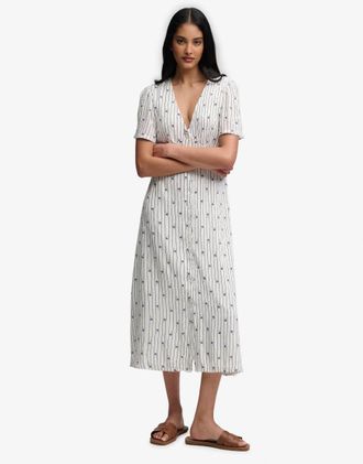 Superdry Kurz&auml;rmliges Midi-Freizeitkleid in Creme mit Nelkenmuster und Streifen und Knopfleiste-Wei&szlig;
