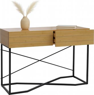 Mendler Konsolentisch HWC-P47, Telefontisch Beistelltisch Ablagetisch, Schublade Melamin Industrial 81x120x40cm - Bambus-Optik