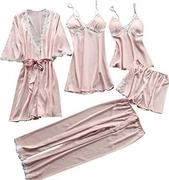 Generic Ensemble de pyjama 5 pi&egrave;ces pour femme en satin de soie kimono - V&ecirc;tements de nuit en satin 5 pi&egrave;ces - Ensembles de v&ecirc;tements de nuit pour adultes v&ecirc;t