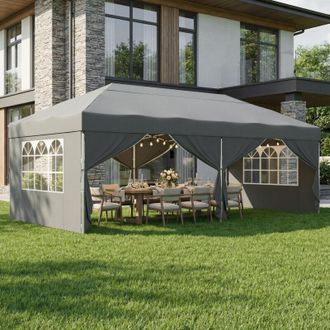 Songmics Tente de Jardin, 6 x 3 m, Pavillon Pliant, Protection Solaire, Portable, avec Parois, Usage Ext&eacute;rieur, Gris