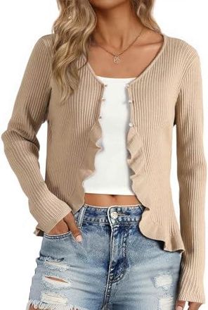 Allegra K Gilet Tricot&eacute; Femme &agrave; Volants &eacute;lastique Cardigan Court Boutonnage &agrave; Manches Longues Bol&eacute;ro Devant Ouvert Col en V Kaki S