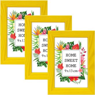 MG Design Set aus 3 Gelb Bilderrahmen 9 x 13 cm - Aus echtem Holz mit Acrylglas, zum Aufh&auml;ngen & Aufstellen, f&uuml;r Fotos, Poster & Puzzle